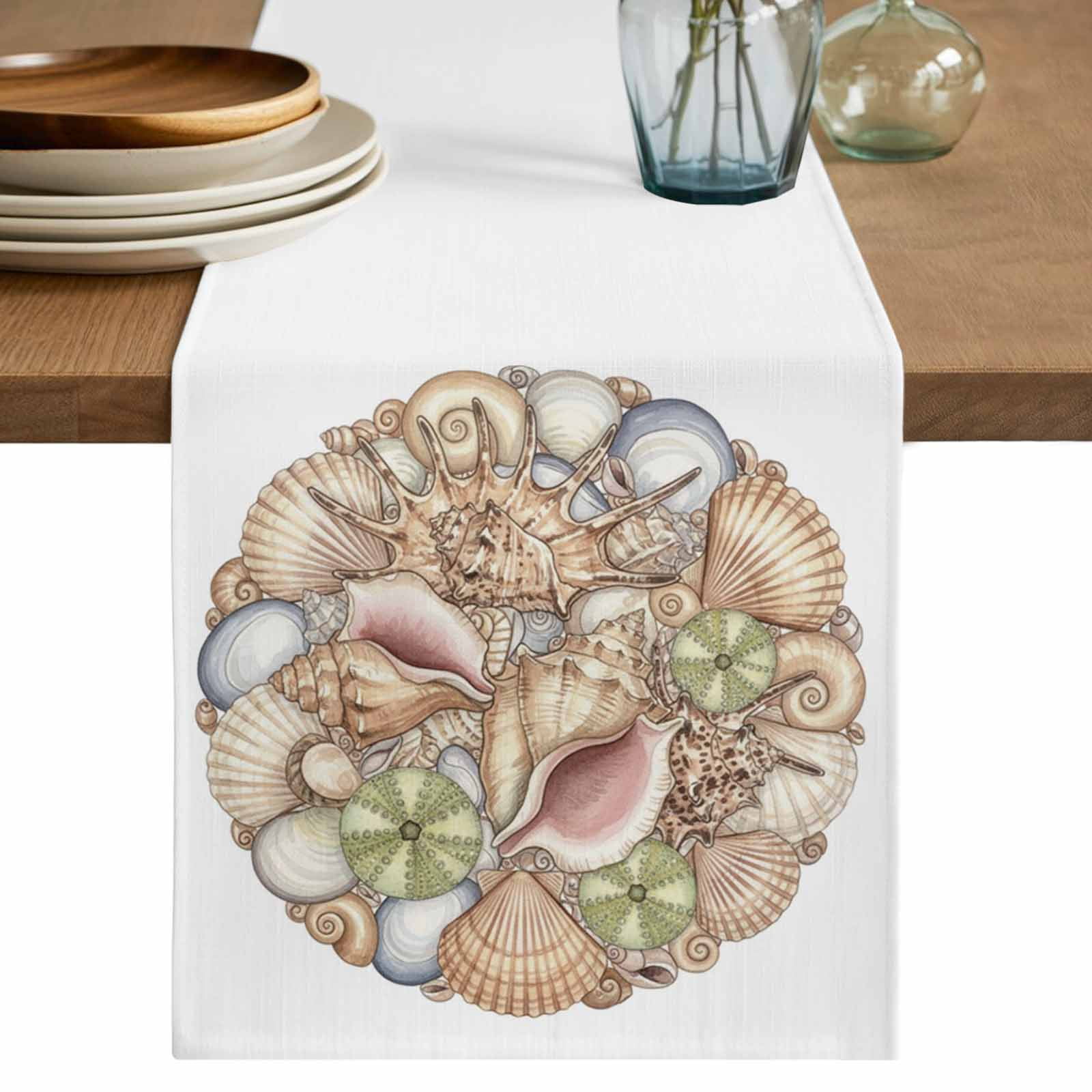 Coastal Conch Table Runner 72 Inches, Watercolor Ocean Nautical Beach ...