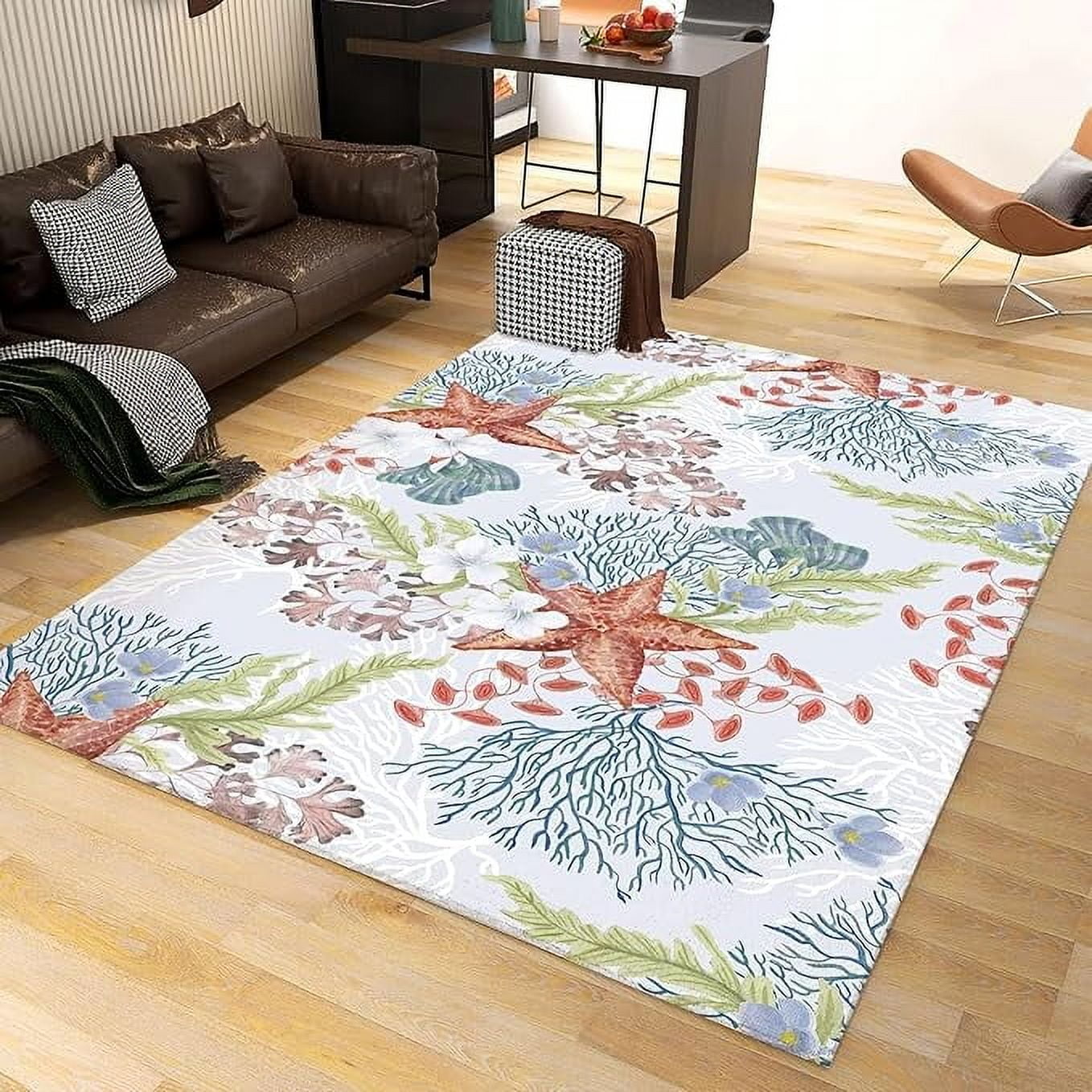 Coastal Contemporary Beach Theme Area Rug, Colorful Starfish Coral ...
