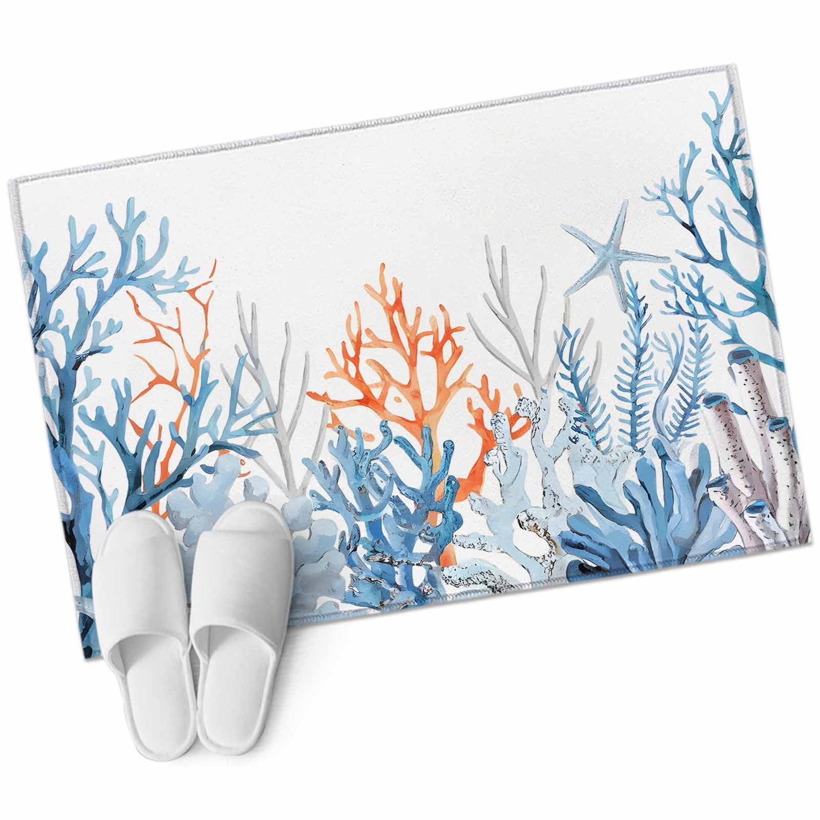 Coastal Coral Bathroom Mat 2x3 FT, Non Slip Small Kitchen Mat, Blue ...