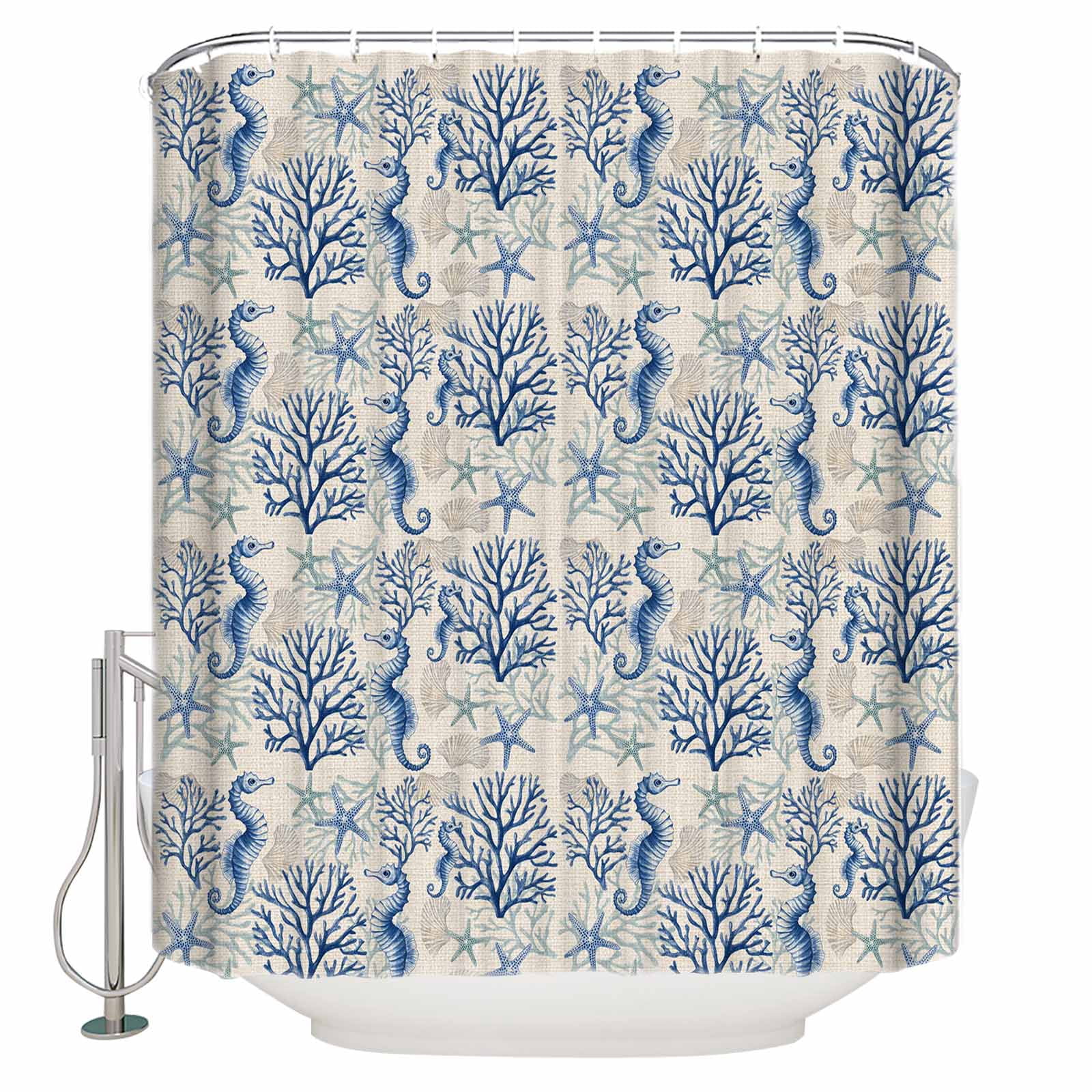 Coastal Coral Bathroom Shower Curtains with 12 Hooks Polyester ...