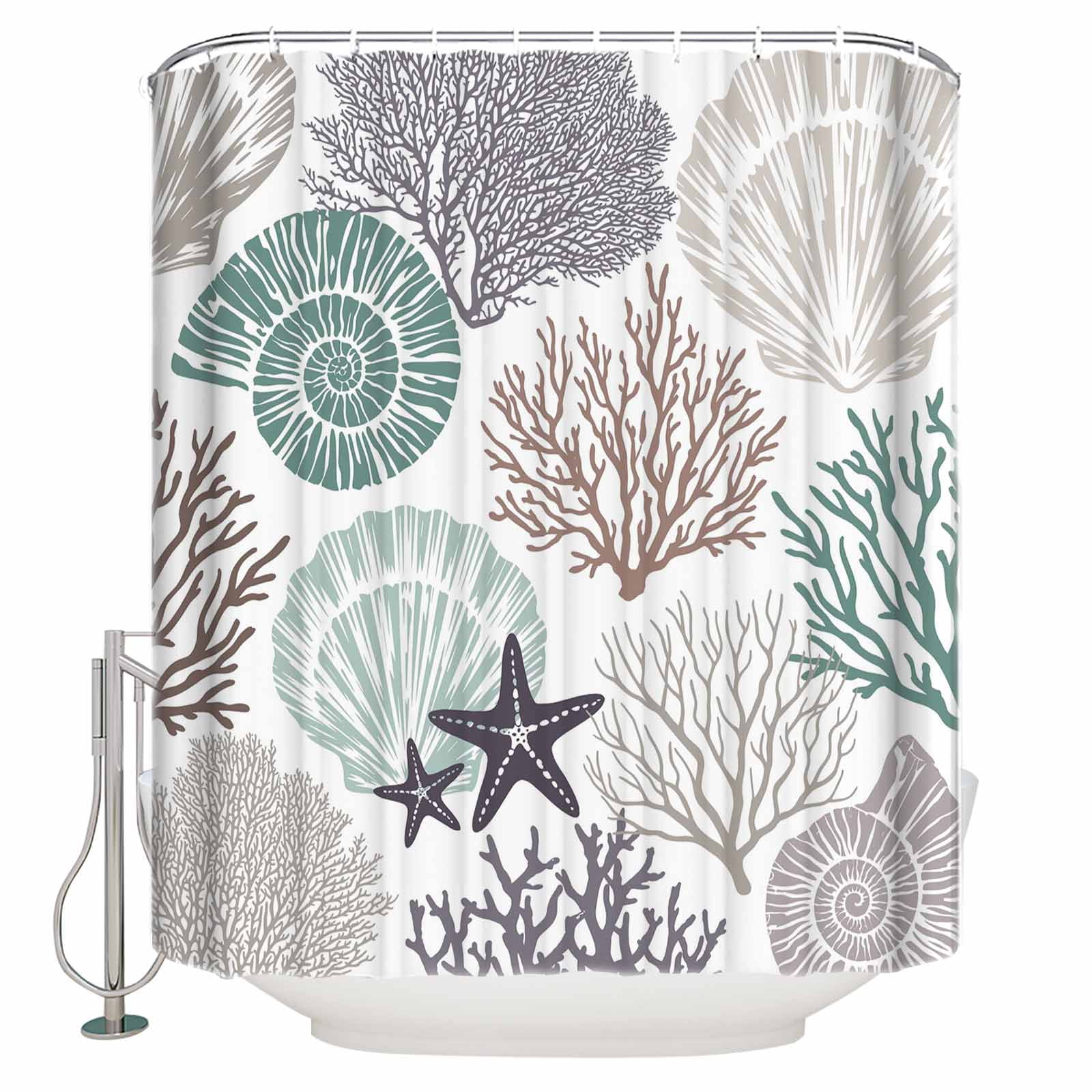 Coastal Coral Bathroom Shower Curtains with 12 Hooks Polyester ...