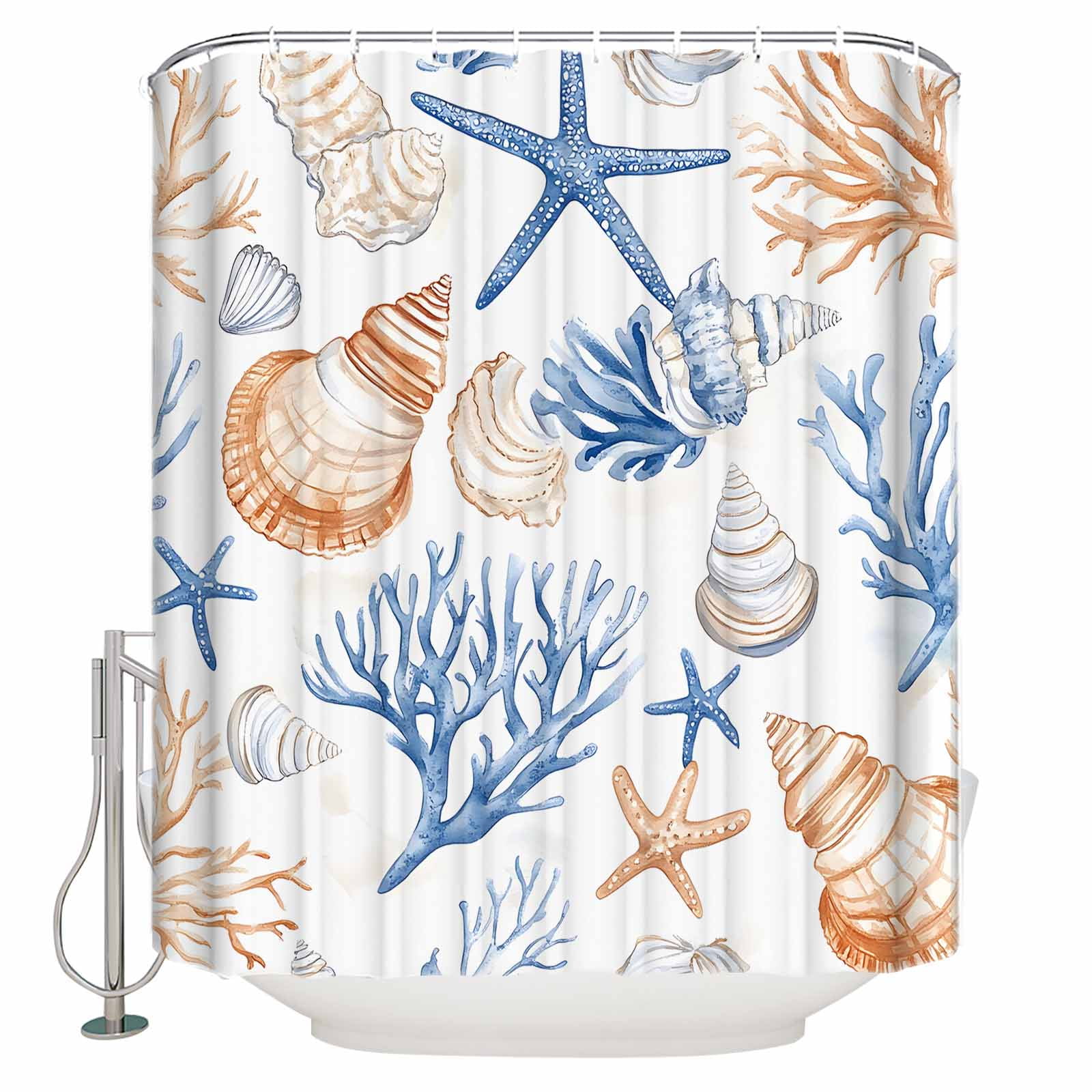 Coastal Coral Bathroom Shower Curtains with 12 Hooks Polyester ...