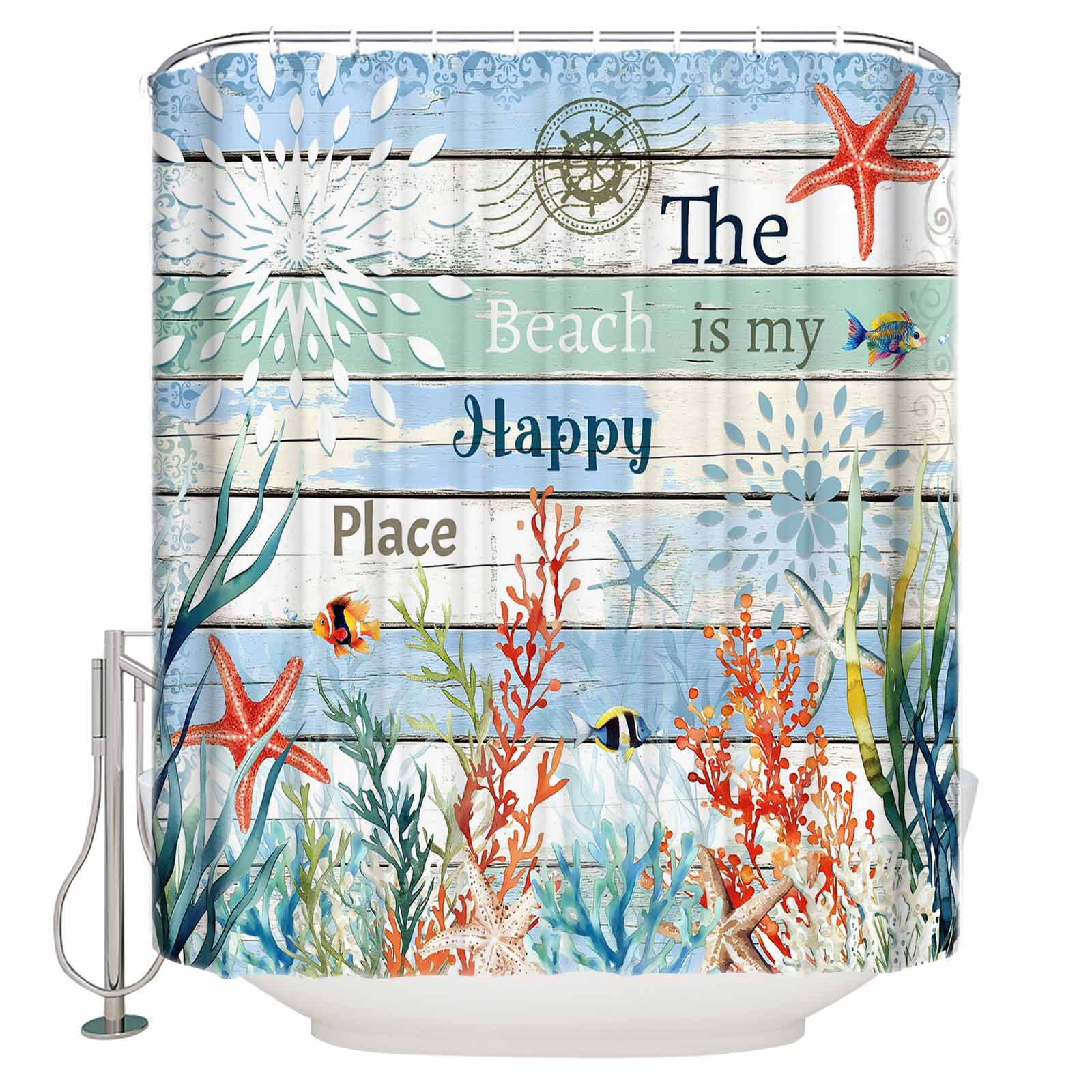 Coastal Coral Bathroom Shower Curtains with 12 Hooks Polyester ...