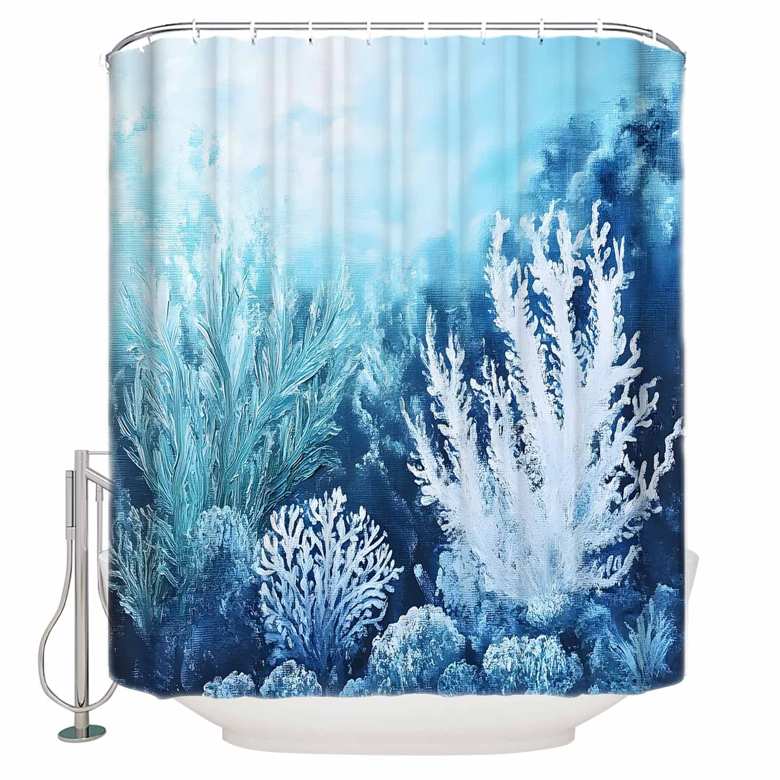 Coastal Coral Blue Bathroom Shower Curtains with 12 Hooks Polyester ...