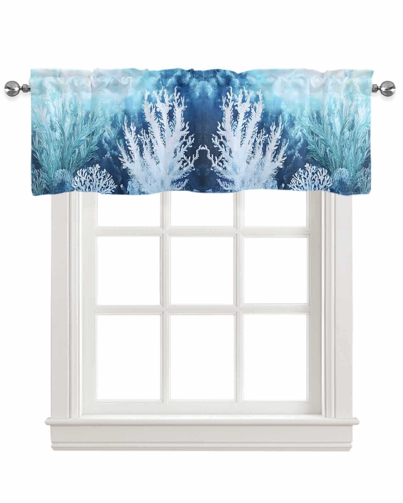 Coastal Coral Blue Kitchen Valances for Windows Farmhouse Linen Window ...