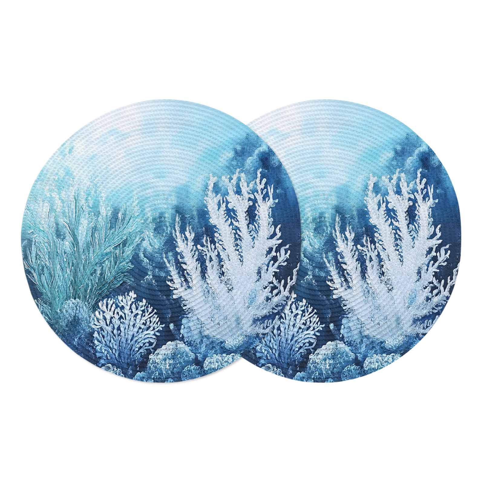 Coastal Coral Blue Round Placemats Set of 2 Summer Watercolor Sea Plant ...