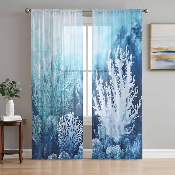 Coastal Coral Blue Sheer Curtains 63 Inch Length 2 Panels Set, Summer ...