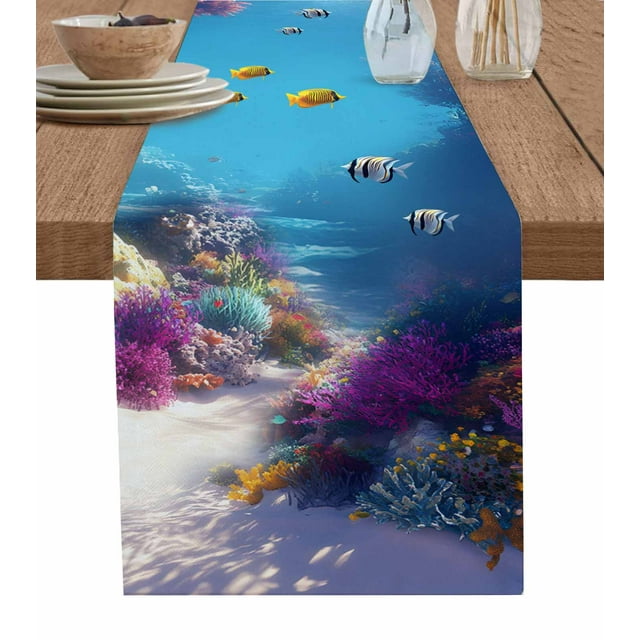 Coastal Coral Burlap Cotton Table Runner 13x72 Inches Long, Summer ...