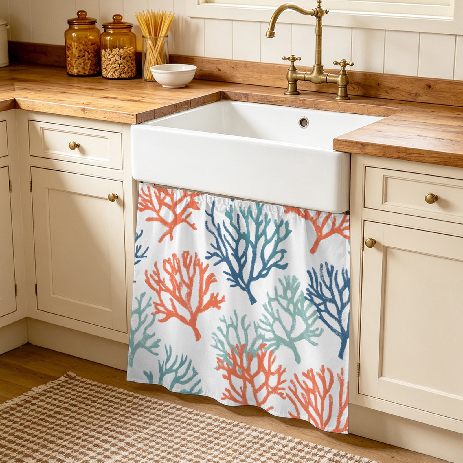 Coastal Coral Cabinet Curtains 35"W x 35"L, Orange Green Blue ...