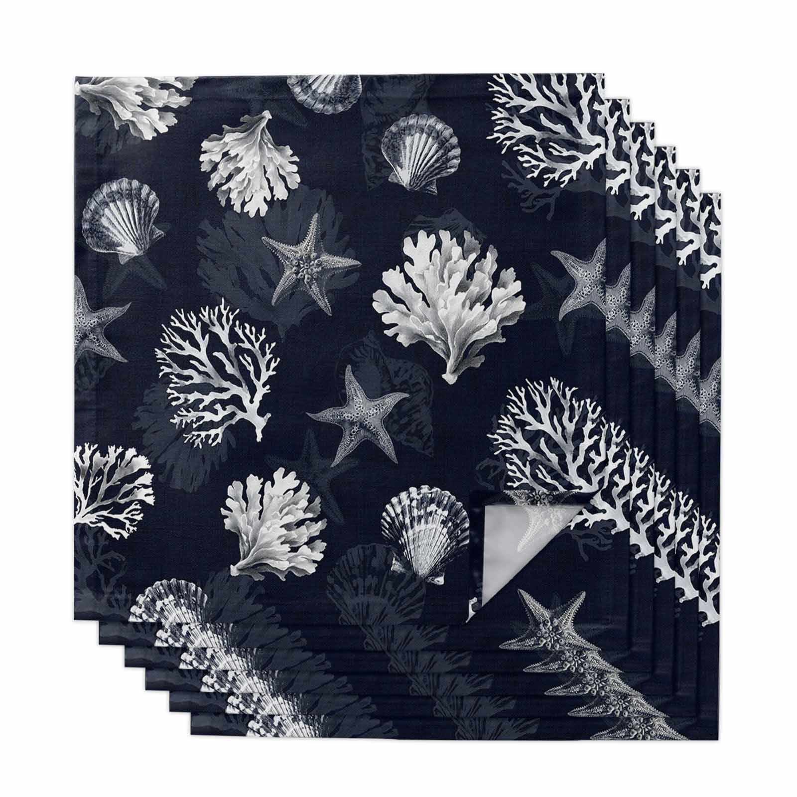 Coastal Coral Cloth Napkins, Dark Blue Ocean Starfish Shells Vintage ...