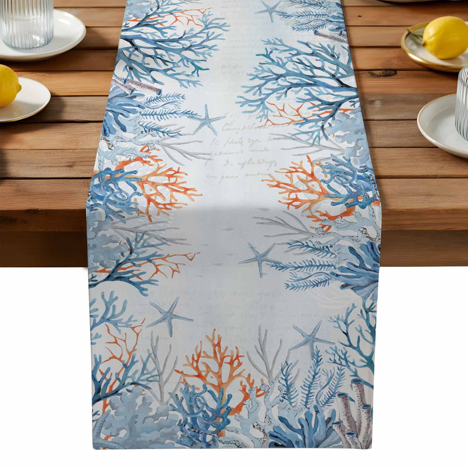 Coastal Coral Cotton Linen Table Runner for Dining Kitchen, Blue Ocean ...