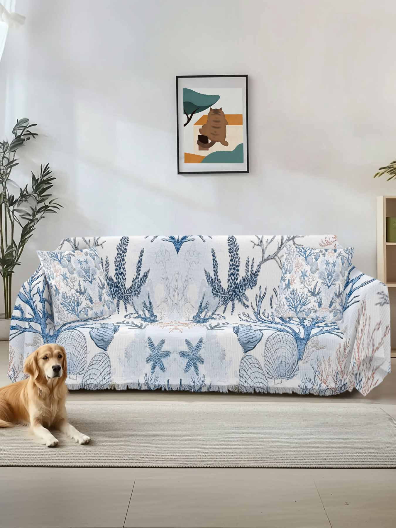 Coastal Coral Couch Cover for 2 Cushion Couch, Vintage Ocean Blue ...