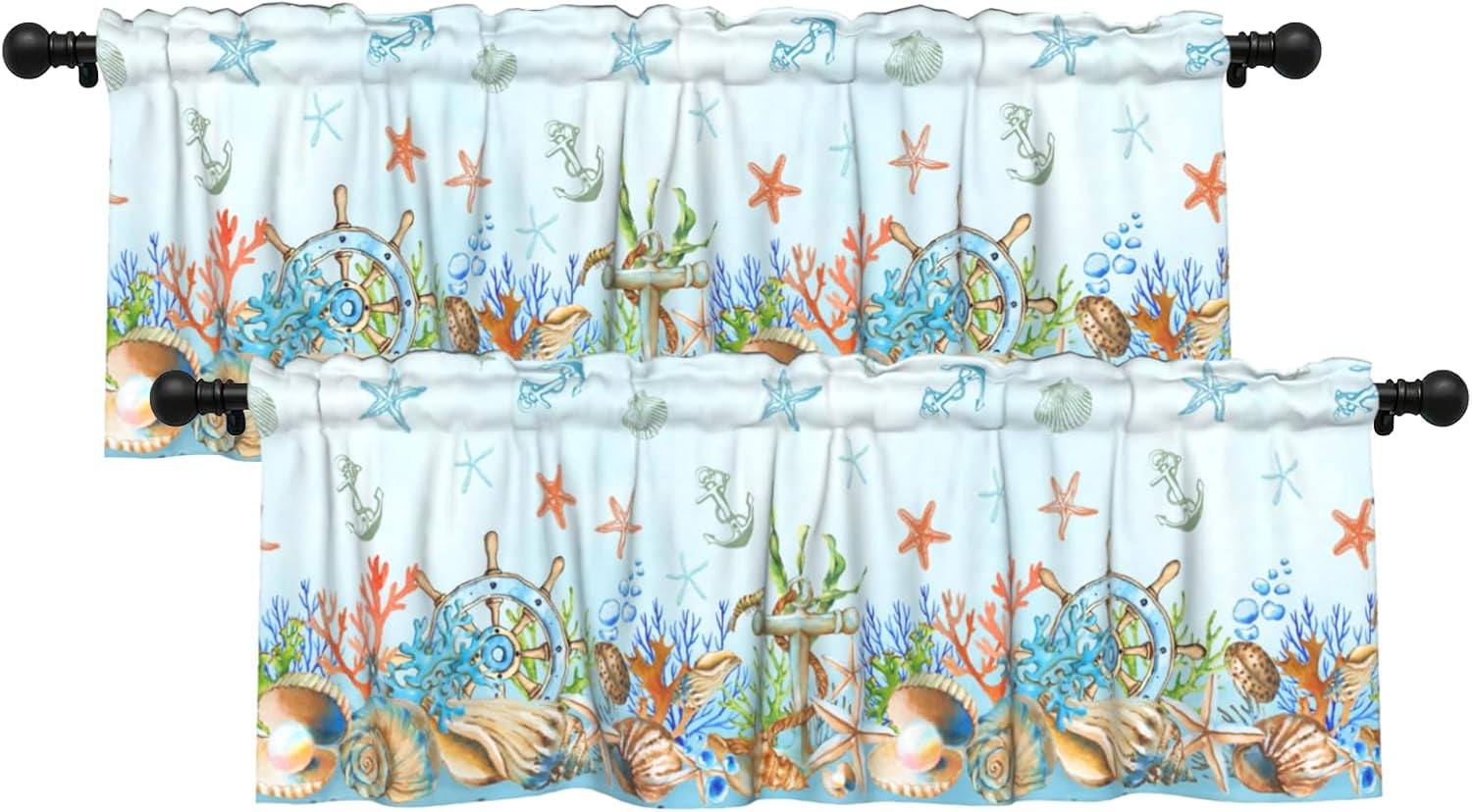 Coastal Coral Curtain Valance 2 Panel Nautical Anchor Kitchen Short ...