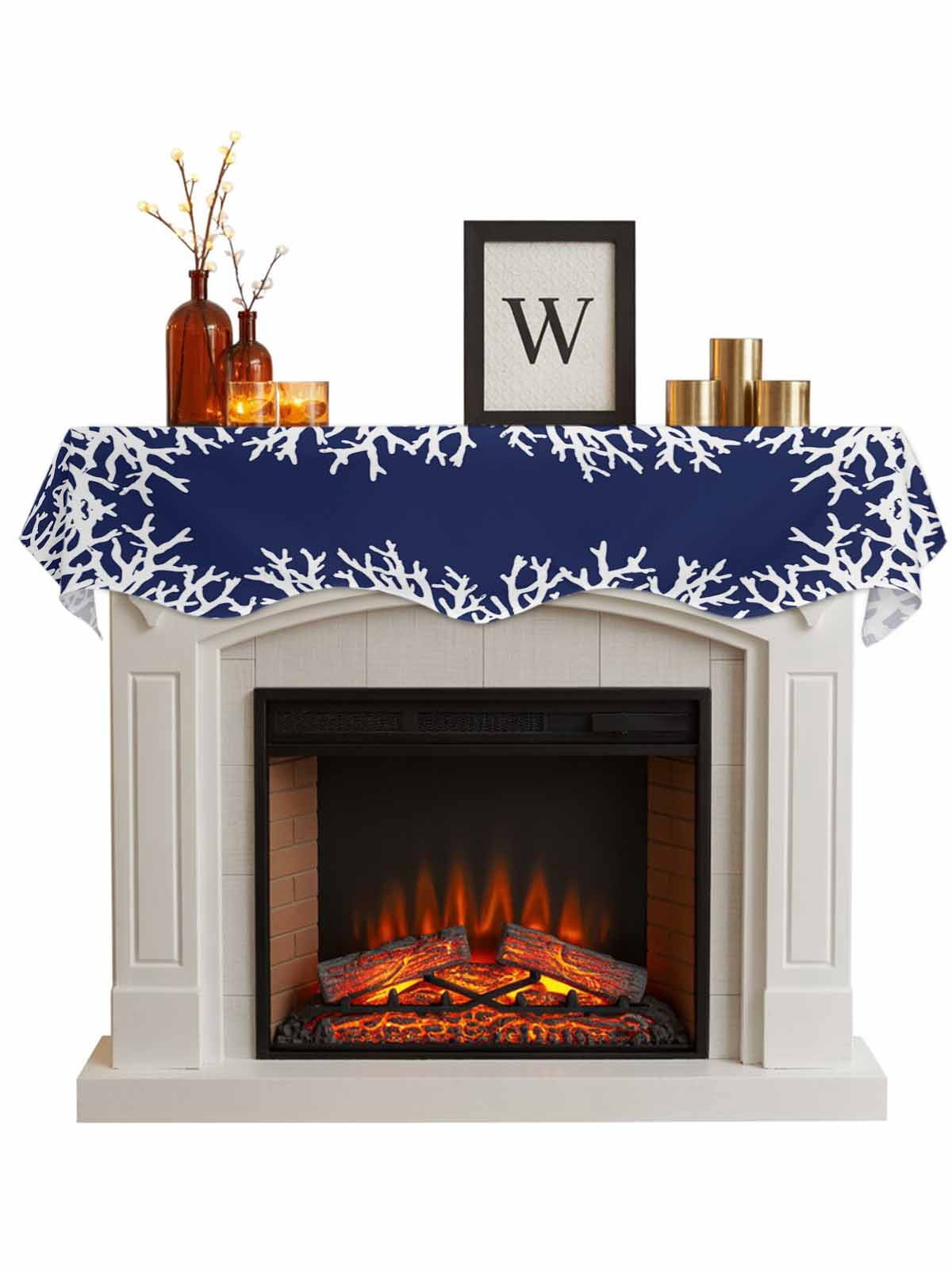 Coastal Coral Fireplace Mantle Scarf, Navy Blue Ocean Marine Nautical ...