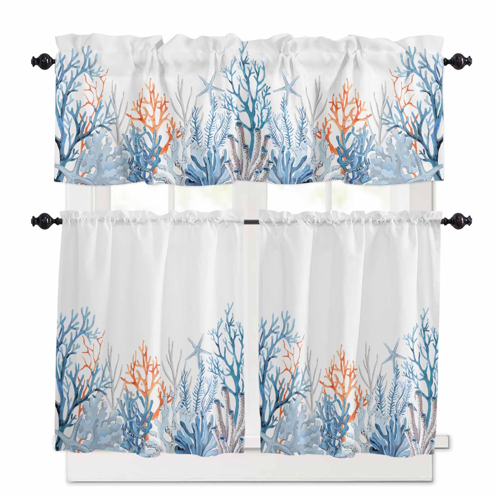 Coastal Coral Kitchen Curtains Set for Windows 3 Pieces,36 Inch Length ...