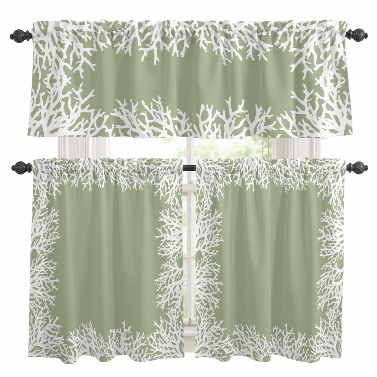Coastal Coral Kitchen Curtains Sets for Windows 24 Inch Length, Sage ...