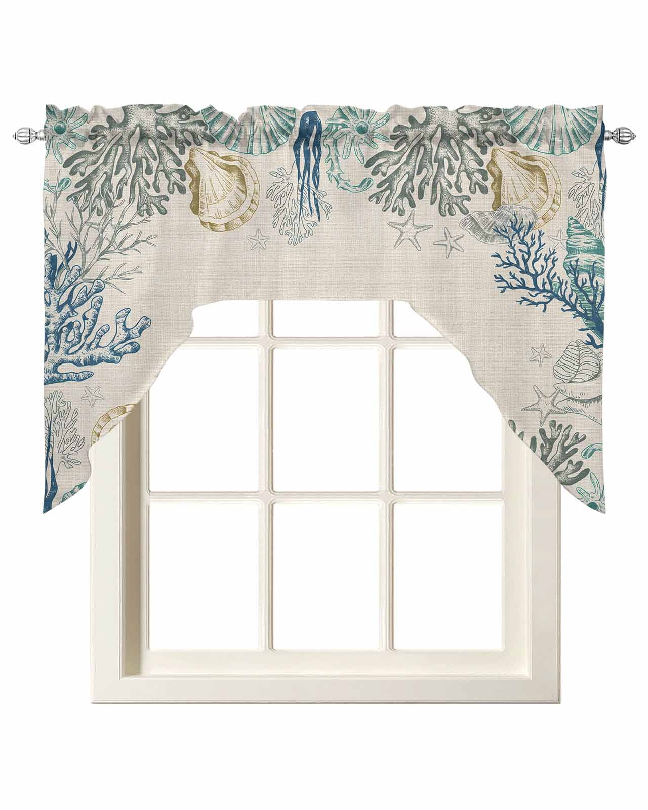 Coastal Coral Kitchen Swag Valances for Windows, Turquoise Blue Shell ...