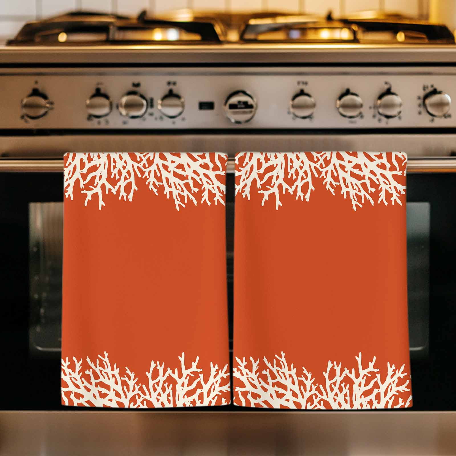 Coastal Coral Kitchen Towels Set of 3, Orange White Ocean Marine ...