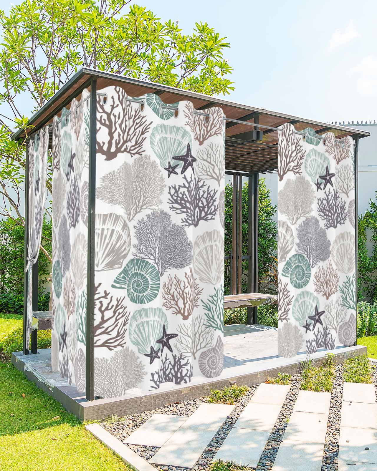 Coastal Coral Outdoor Curtains for Patio, Nautical Ocean Beach Conch ...