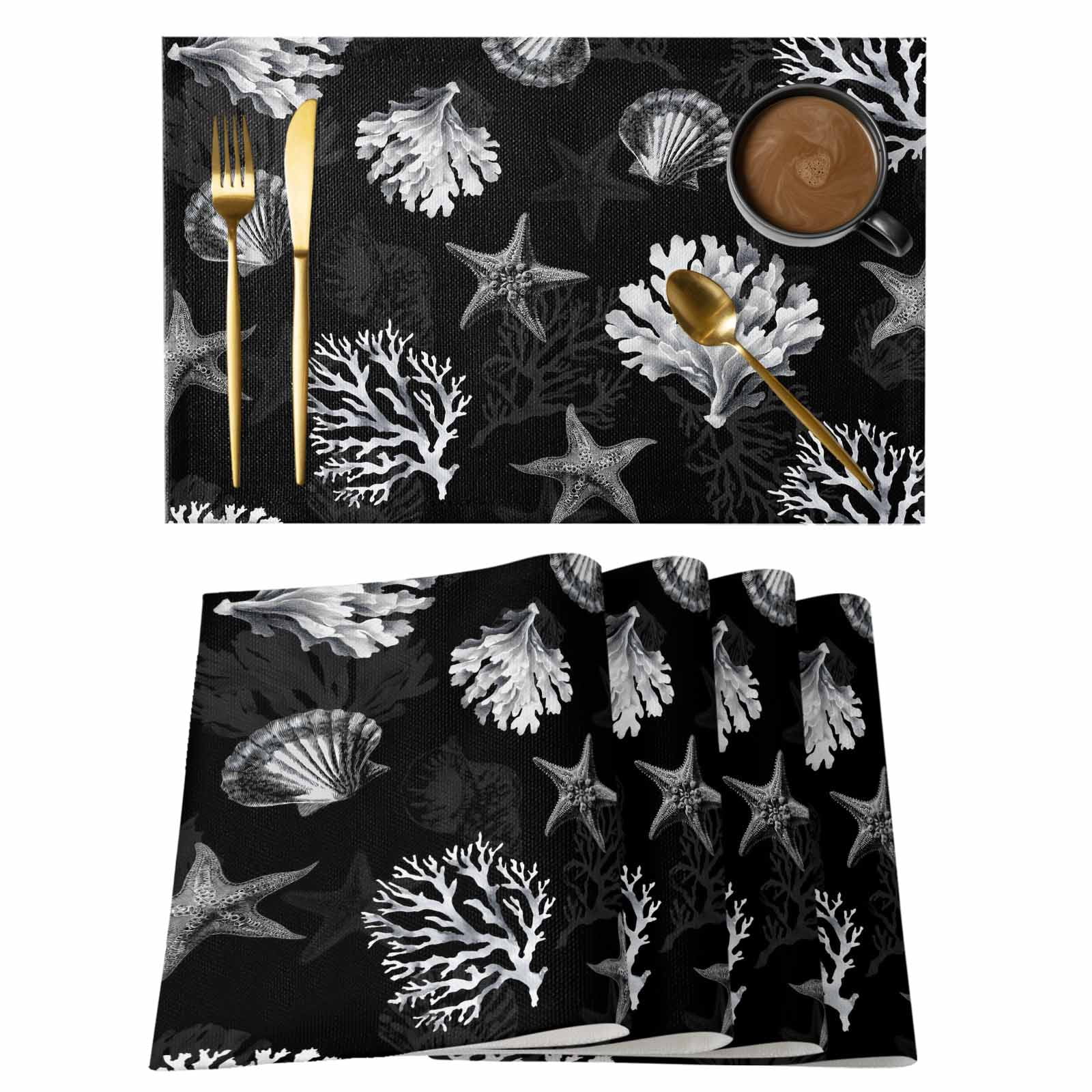 Coastal Coral Placemats Set of 12, Summer Beach Black Shells Starfish ...