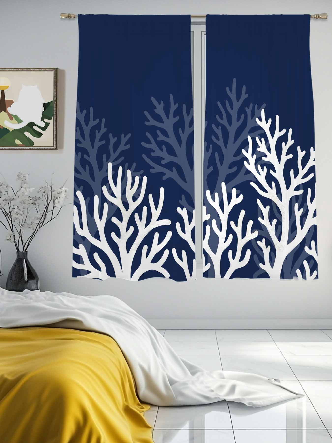Coastal Coral Reef Navy Blue White Chiffon Sheer Curtains 63 Inches ...