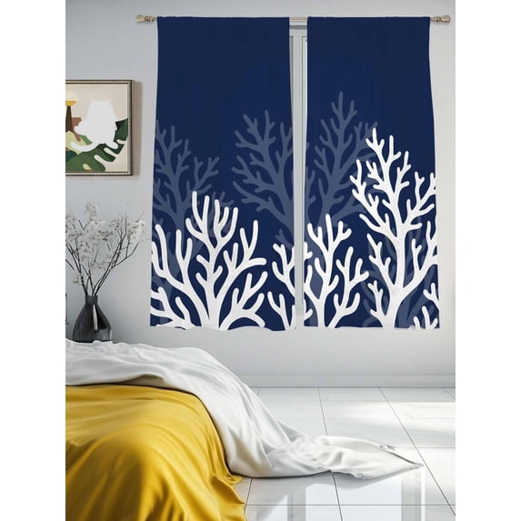 Coastal Coral Reef Navy Blue White Chiffon Sheer Curtains 63 Inches ...