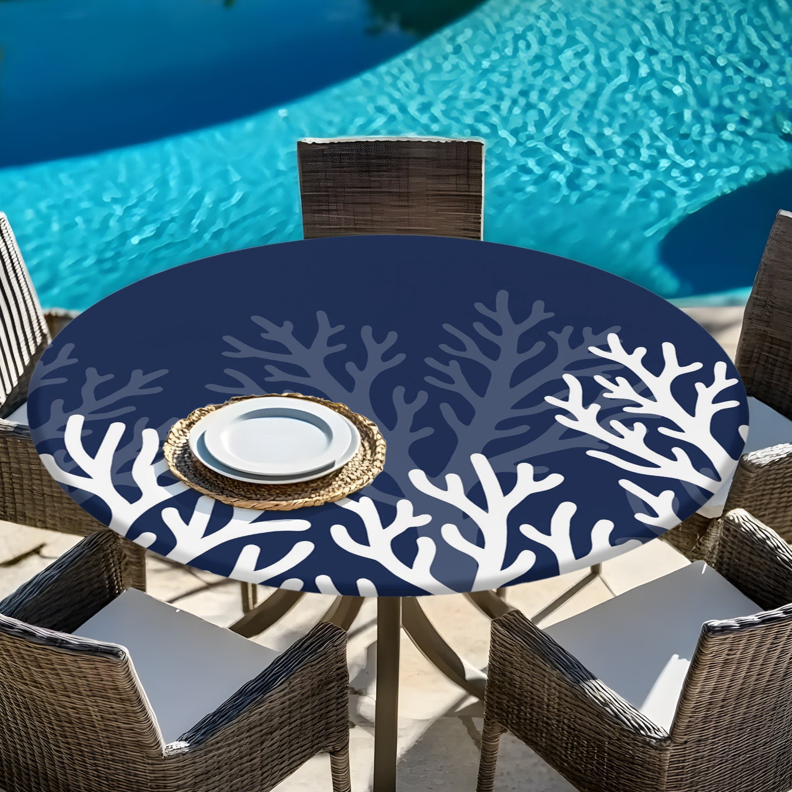 Coastal Coral Reef Navy Blue White Round Fitted Tablecloth with Elastic ...