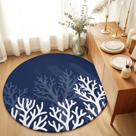 Coastal Coral Reef Navy Blue White Round Rug 3ft Summer Marine Ocean ...