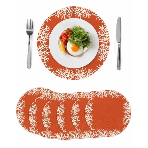 Coastal Coral Round 13 Inch Placemats Set of 6, Orange White Ocean ...