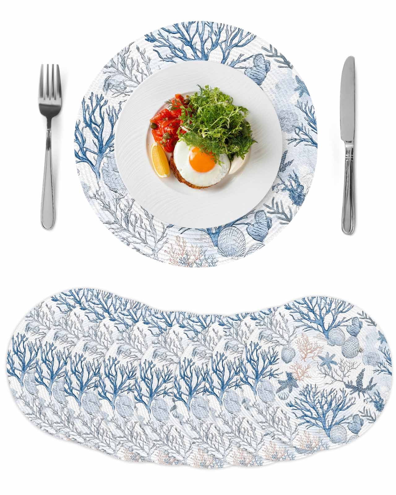 Coastal Coral Round 13 Inch Placemats Set of 8, Vintage Ocean Blue ...