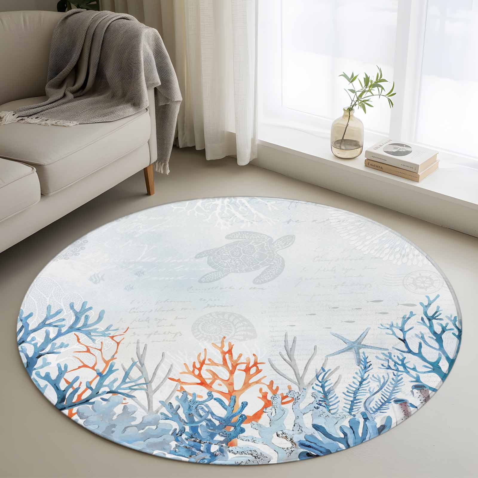 Coastal Coral Round Area Rug 3 FT, Small Kitchen Bathroom Mat, Blue ...