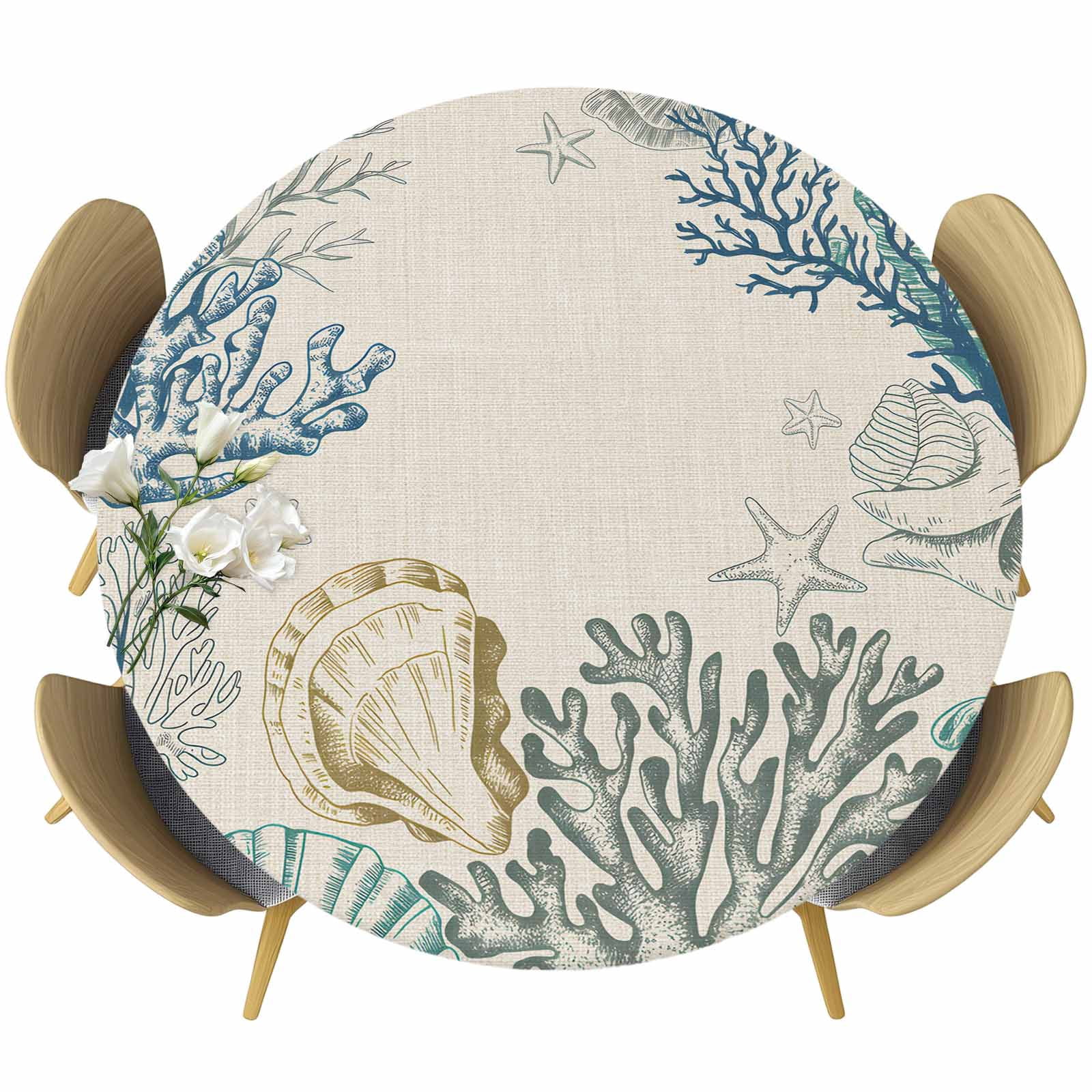 Coastal Coral Round Tablecloth, Fitted Table Cover with Elastic for 36 ...