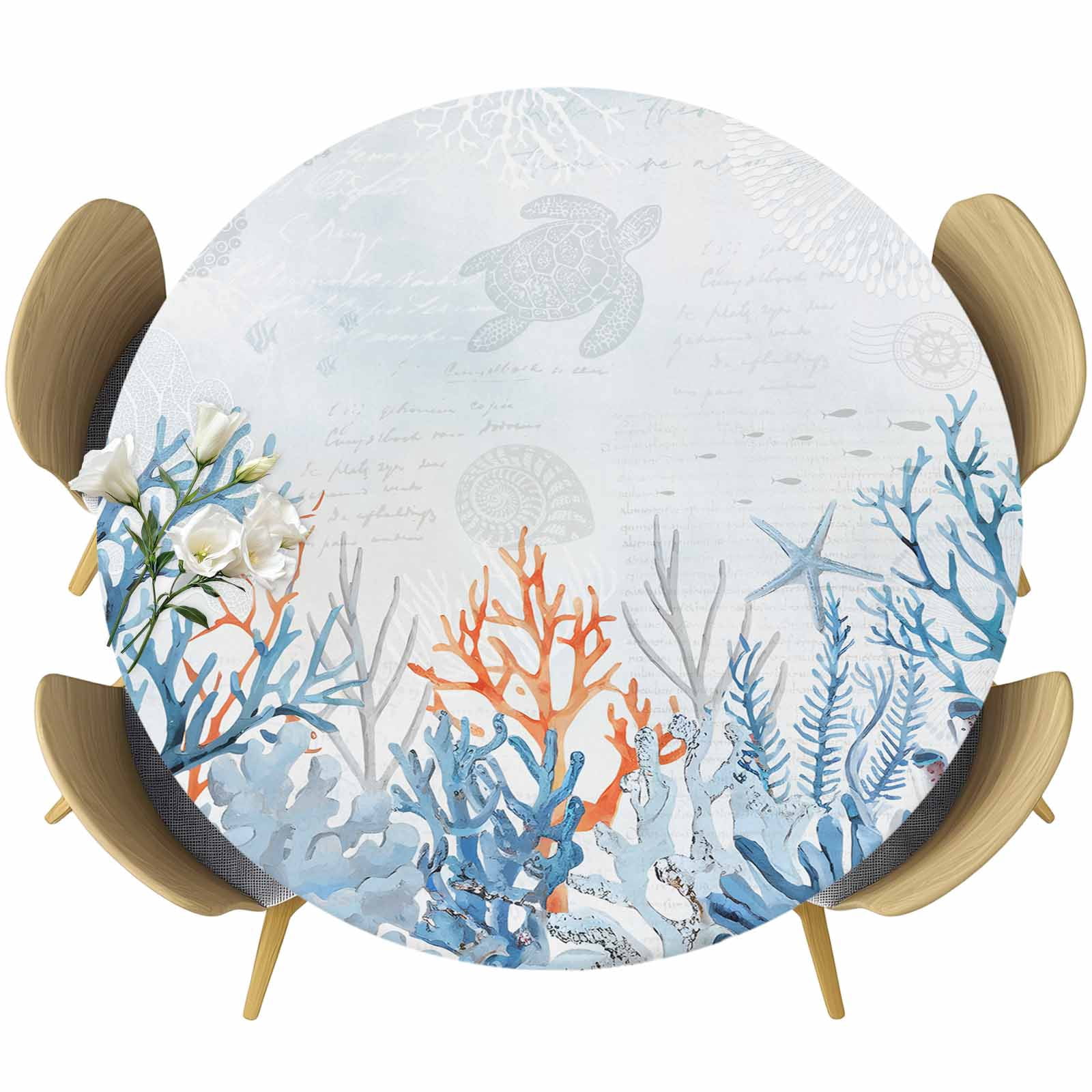 Coastal Coral Round Tablecloth, Fitted Table Cover with Elastic for 55 ...
