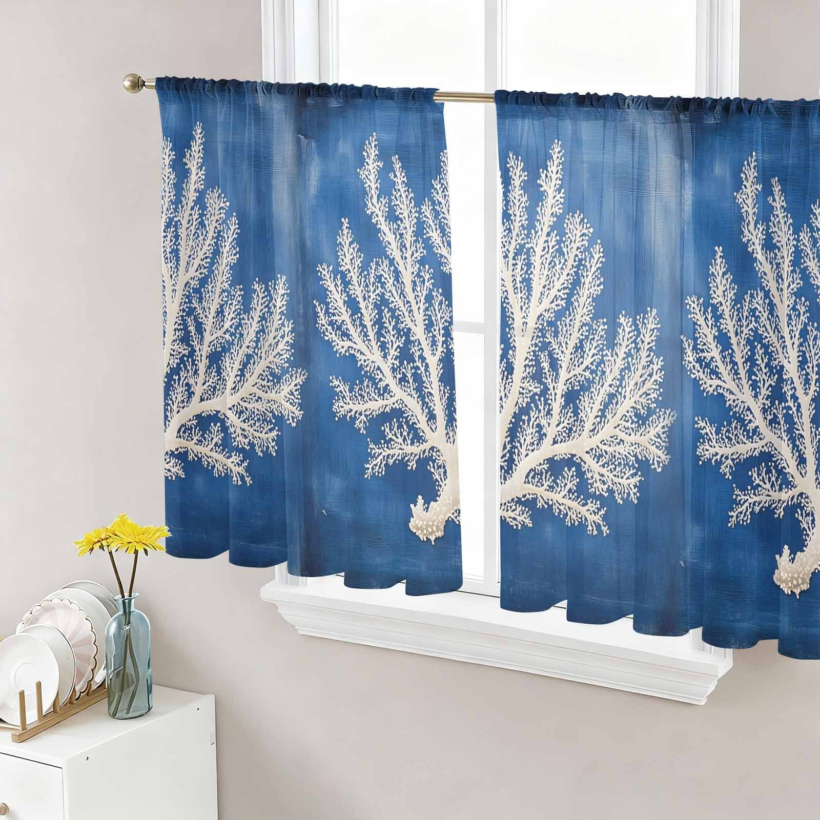 Coastal Coral Semi Sheer Curtains 54 Inch Length 2 Panels Set, Oil ...