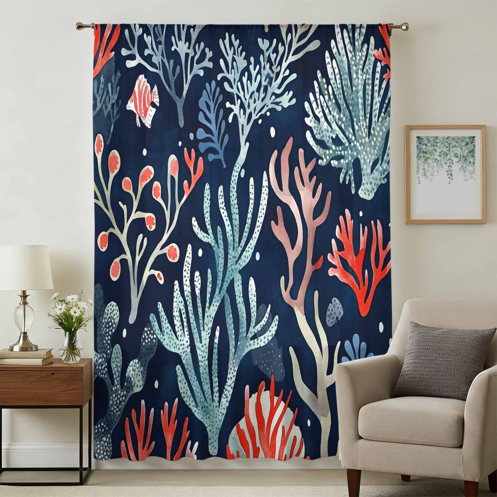 Coastal Coral Sheer Curtains 45 Inches Long, Summer Watercolor Ocean ...