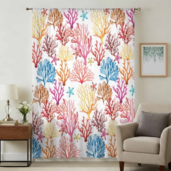 Coastal Coral Sheer Curtains 54 Inches Long for Bedroom, Summer Ocean ...