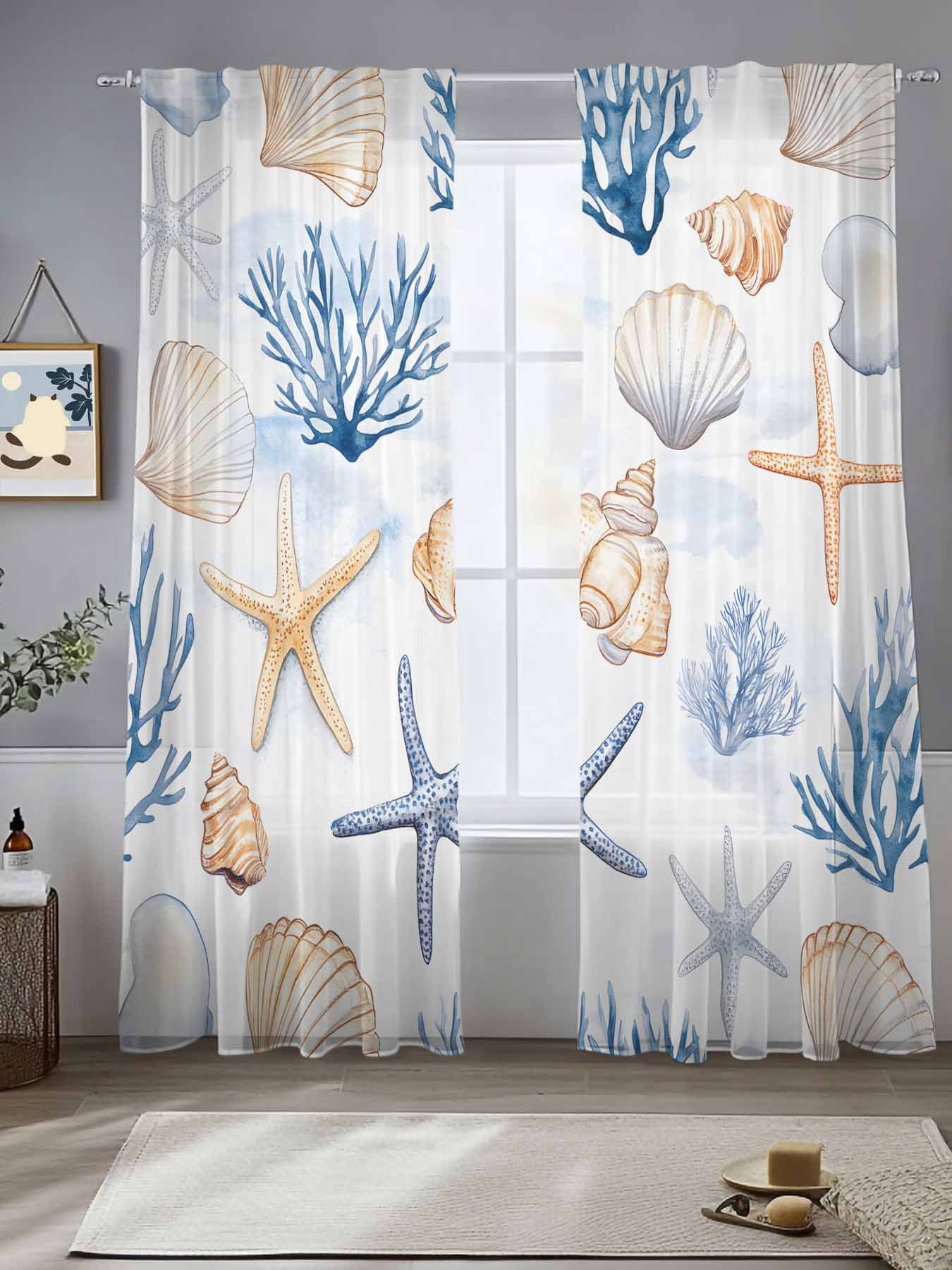 Coastal Coral Sheer Curtains for Living Room Bedroom Ocean Starfish ...