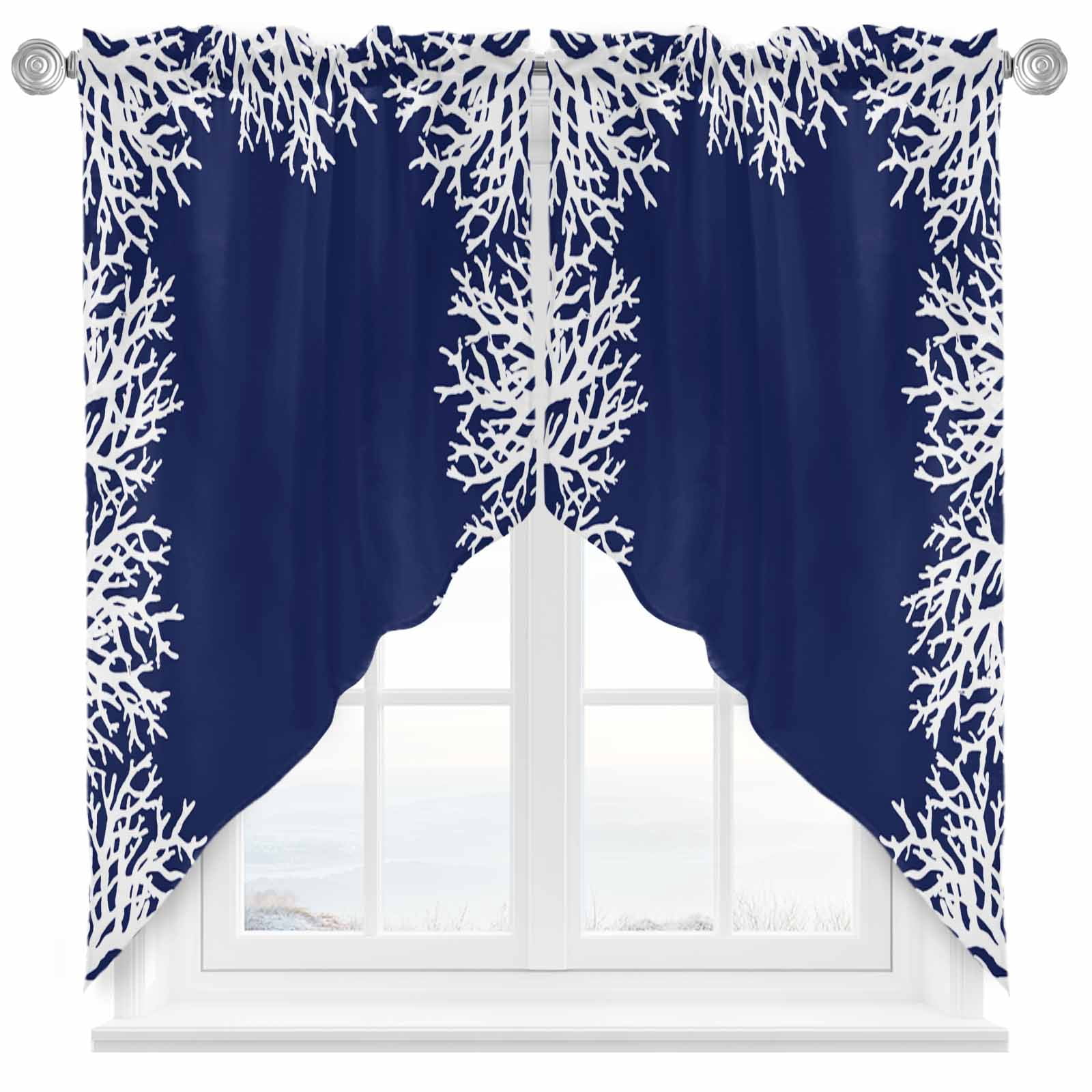 Coastal Coral Swag Curtains Valance For Kitchen Windows, Navy Blue ...
