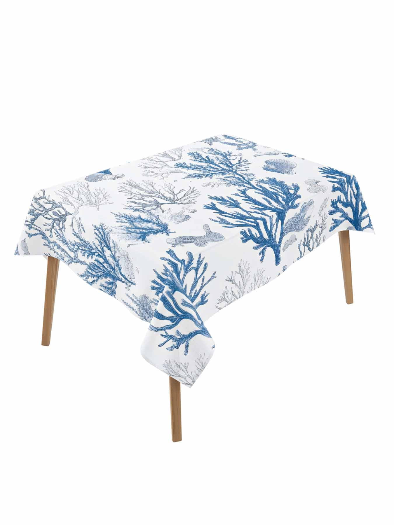 Coastal Coral Table Cloth, Blue Grey Ocean Marine Plant Summer Fish ...