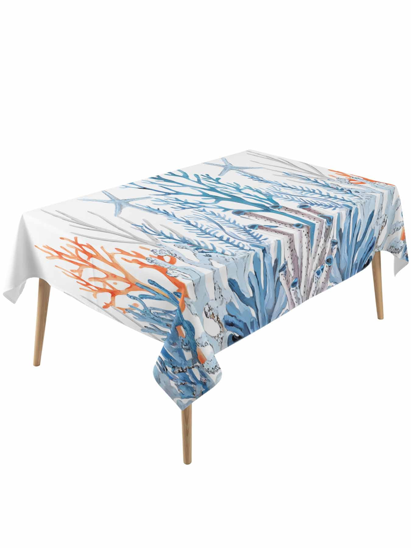 Coastal Coral Table Cloth, Blue Ocean Starfish Seagrass Watercolor ...