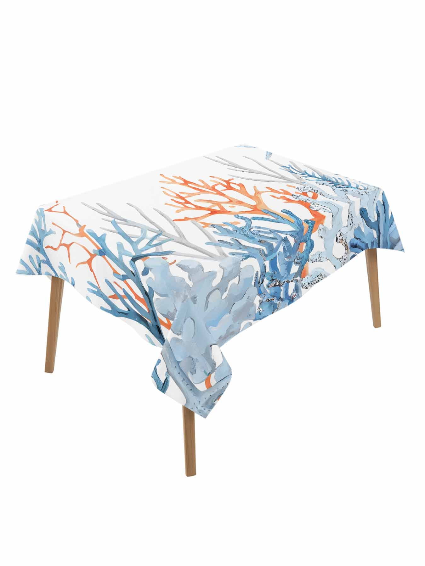 Coastal Coral Table Cloth, Blue Ocean Starfish Seagrass Watercolor ...