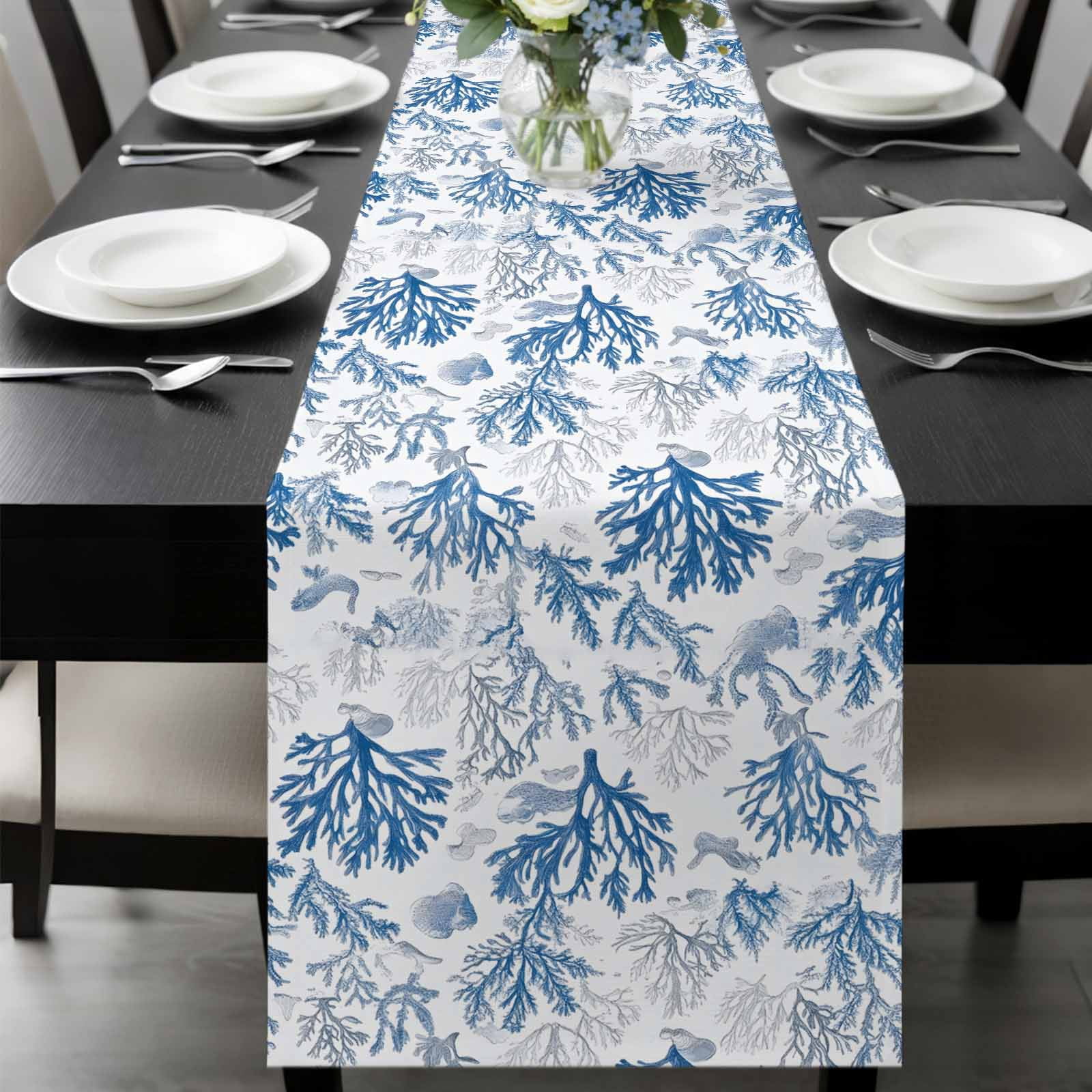 Coastal Coral Table Runner 48 Inches Long, Blue Grey Ocean Marine Plant ...