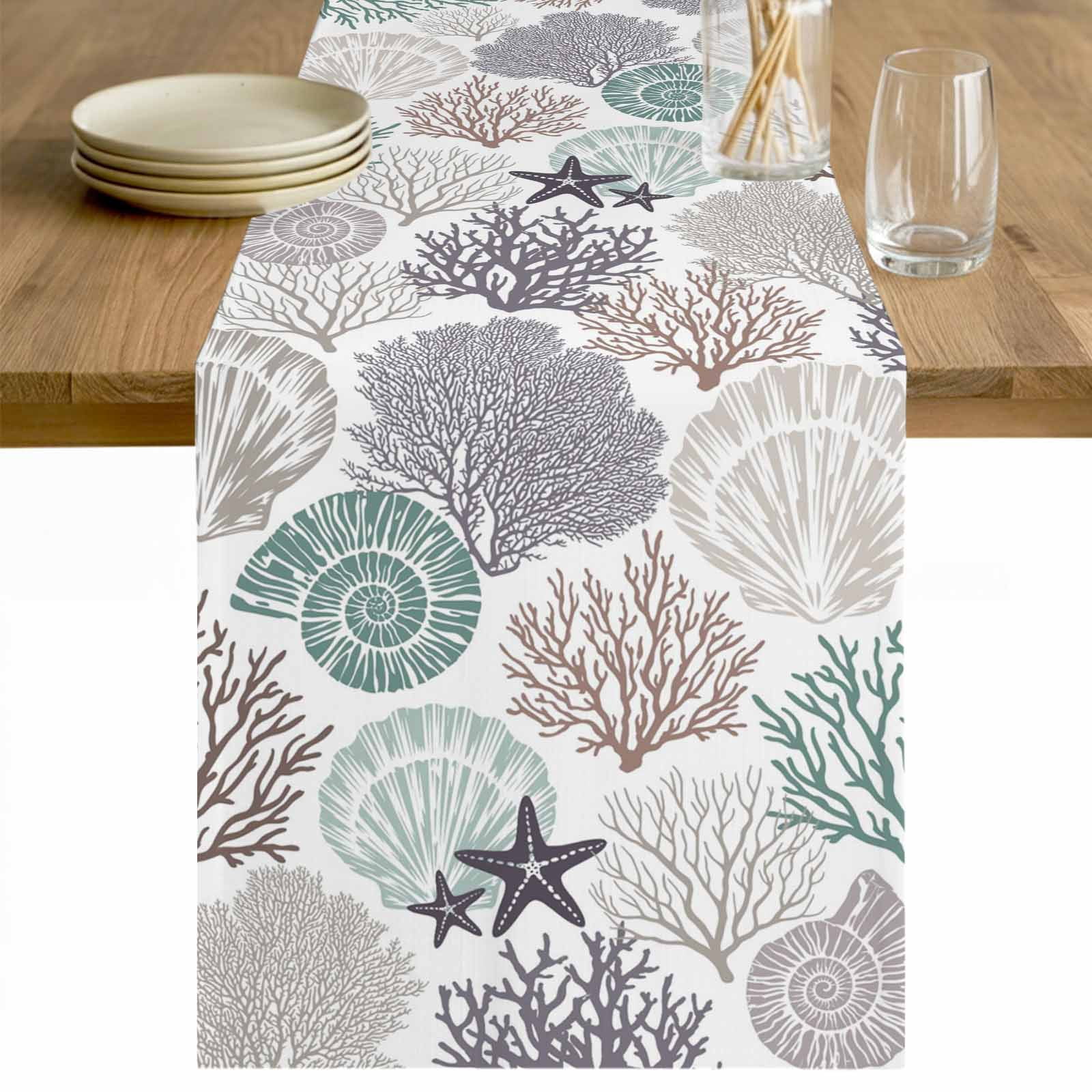 Coastal Coral Table Runner - 70 Inch Long Nautical Ocean Beach Conch ...