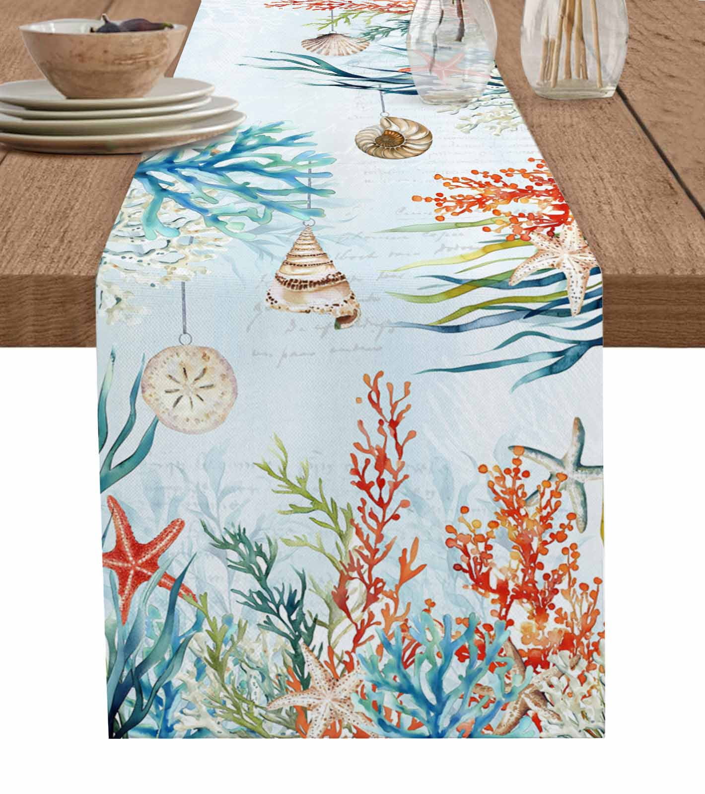 Coastal Coral Table Runner 72 Inches, Summer Beach Ocean Shell Starfish ...