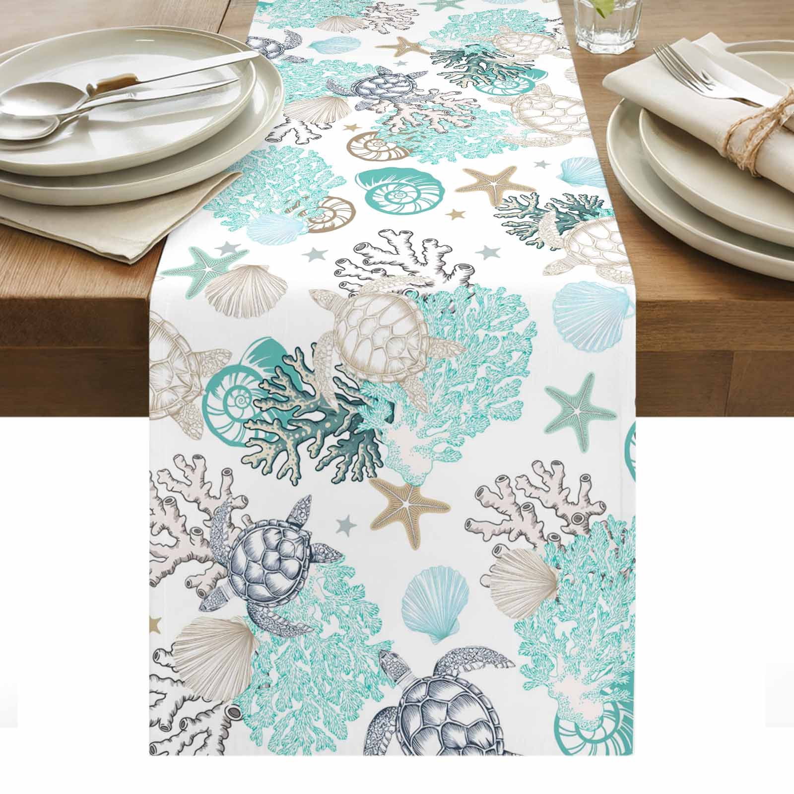 Coastal Coral Table Runner - 90 Inch Long, Kitchen Dining Table Runner ...
