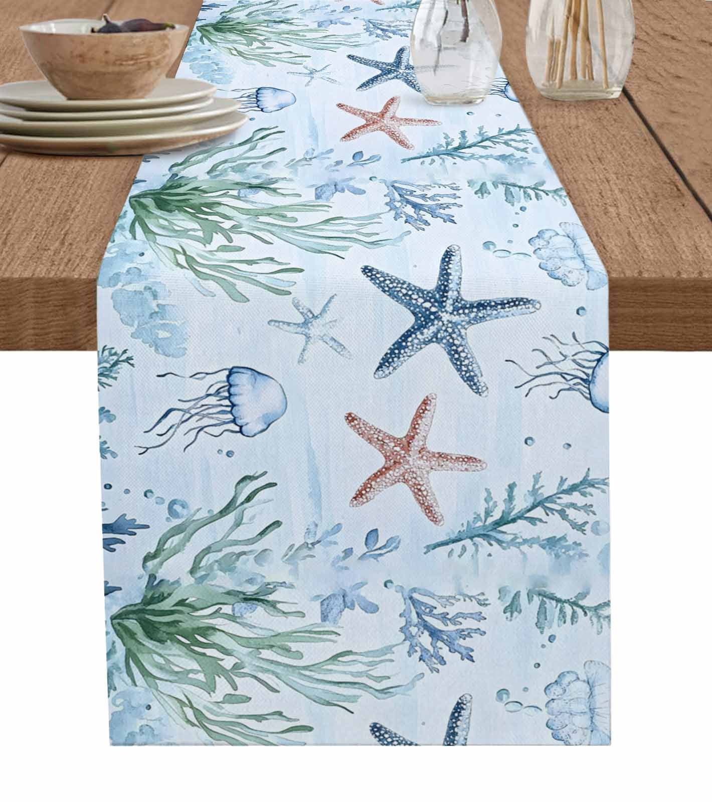 Coastal Coral Table Runner 90 Inches, Starfish Jellyfish Green Grass ...