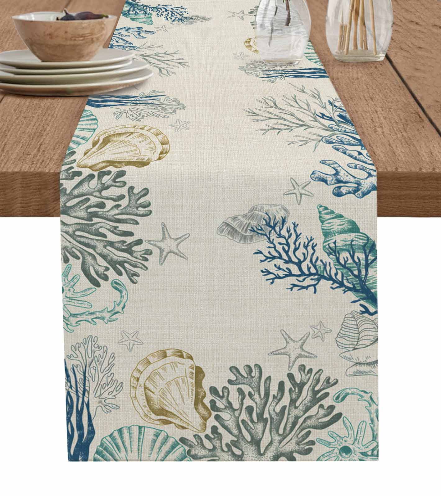 Coastal Coral Table Runner 90 Inches, Turquoise Blue Shell Conch ...