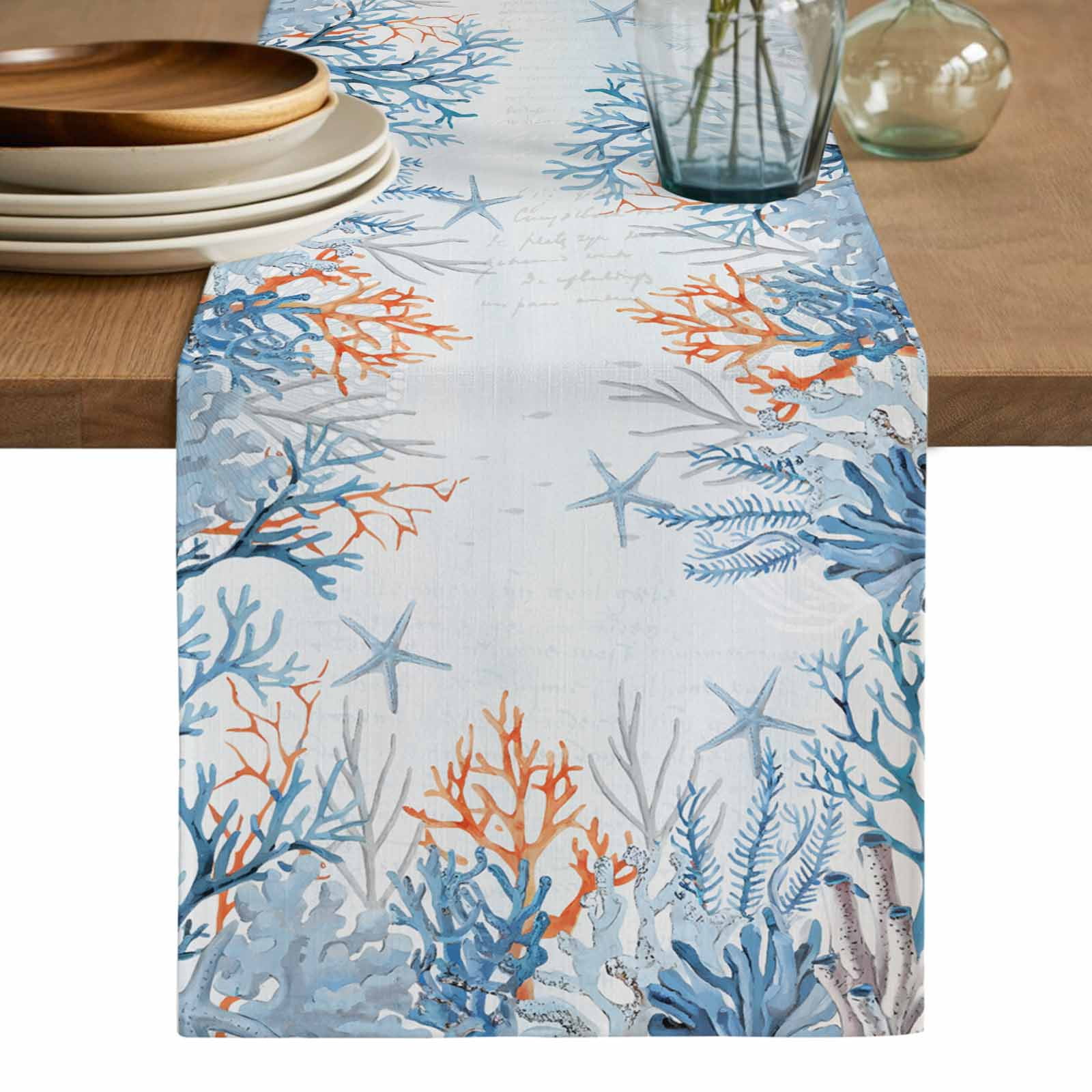 Coastal Coral Table Runner, Blue Ocean Starfish Turtle Watercolor ...
