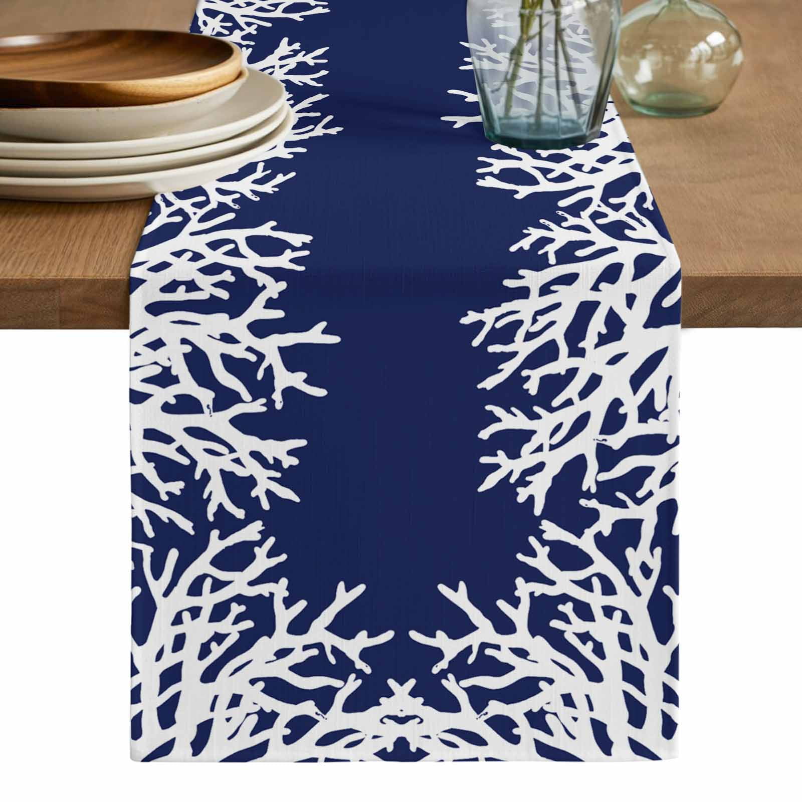 Coastal Coral Table Runner, Navy Blue Ocean Marine Nautical Beach ...