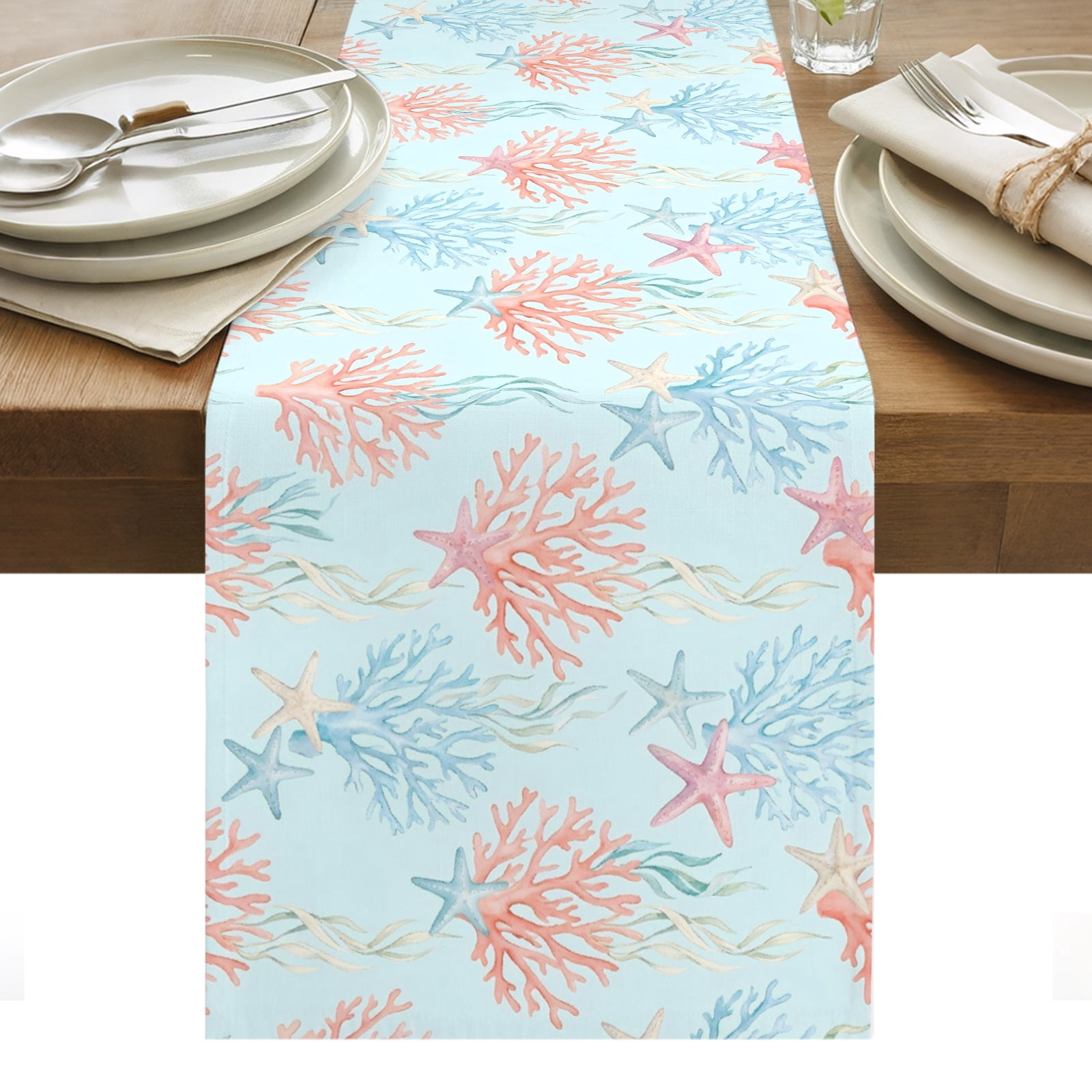 Coastal Coral Table Runner Summer Tropical Ocean Seaweed Boho Blue ...